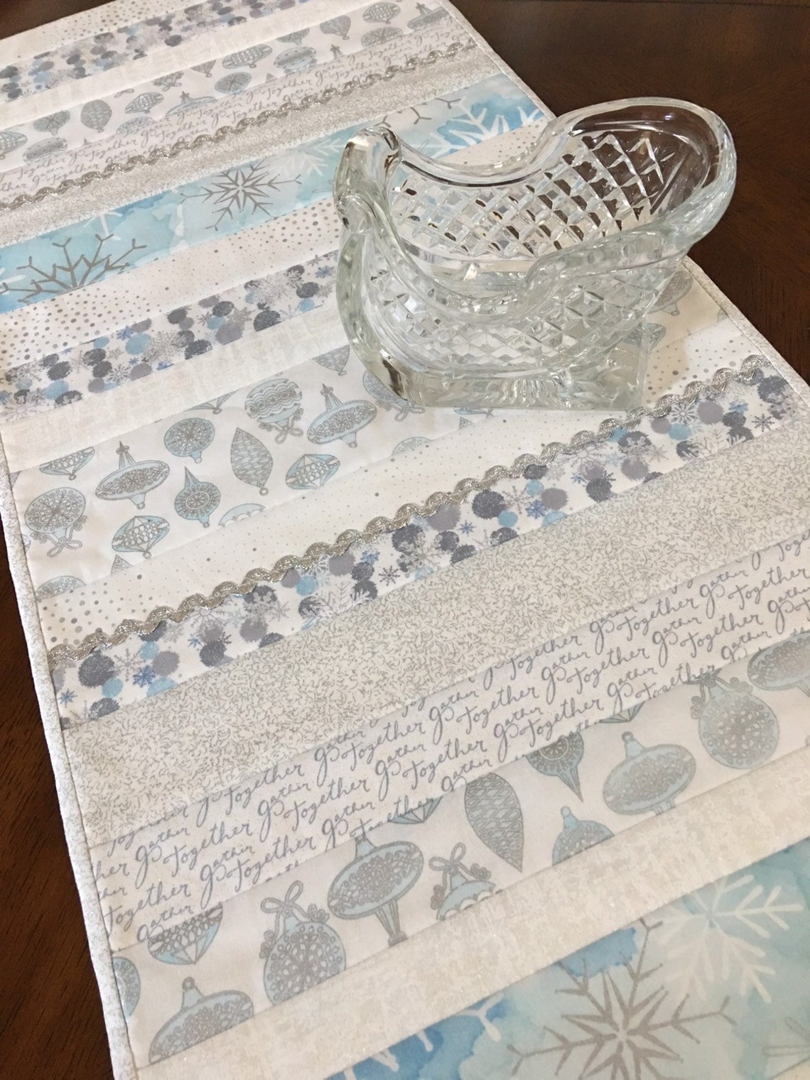 Silver and Blue Christmas Quilted Table Runner Holiday Table - Etsy