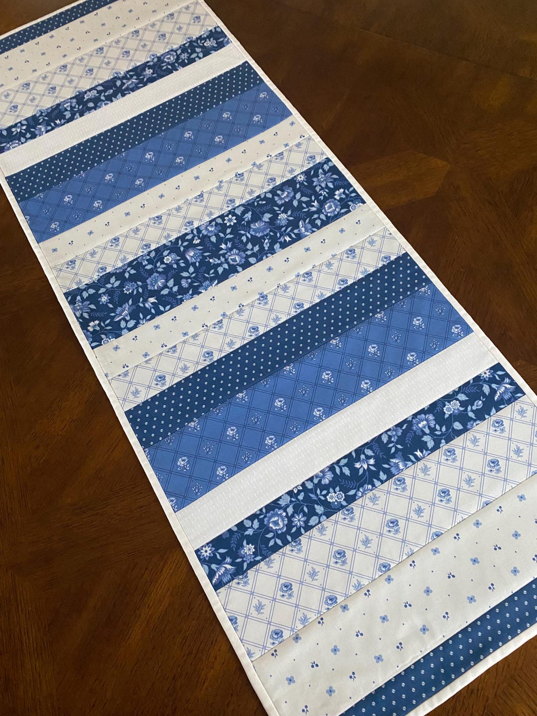 Blue and Cream Quilted Table Runner, Blue Fabric, Cream Accent Fabric ...