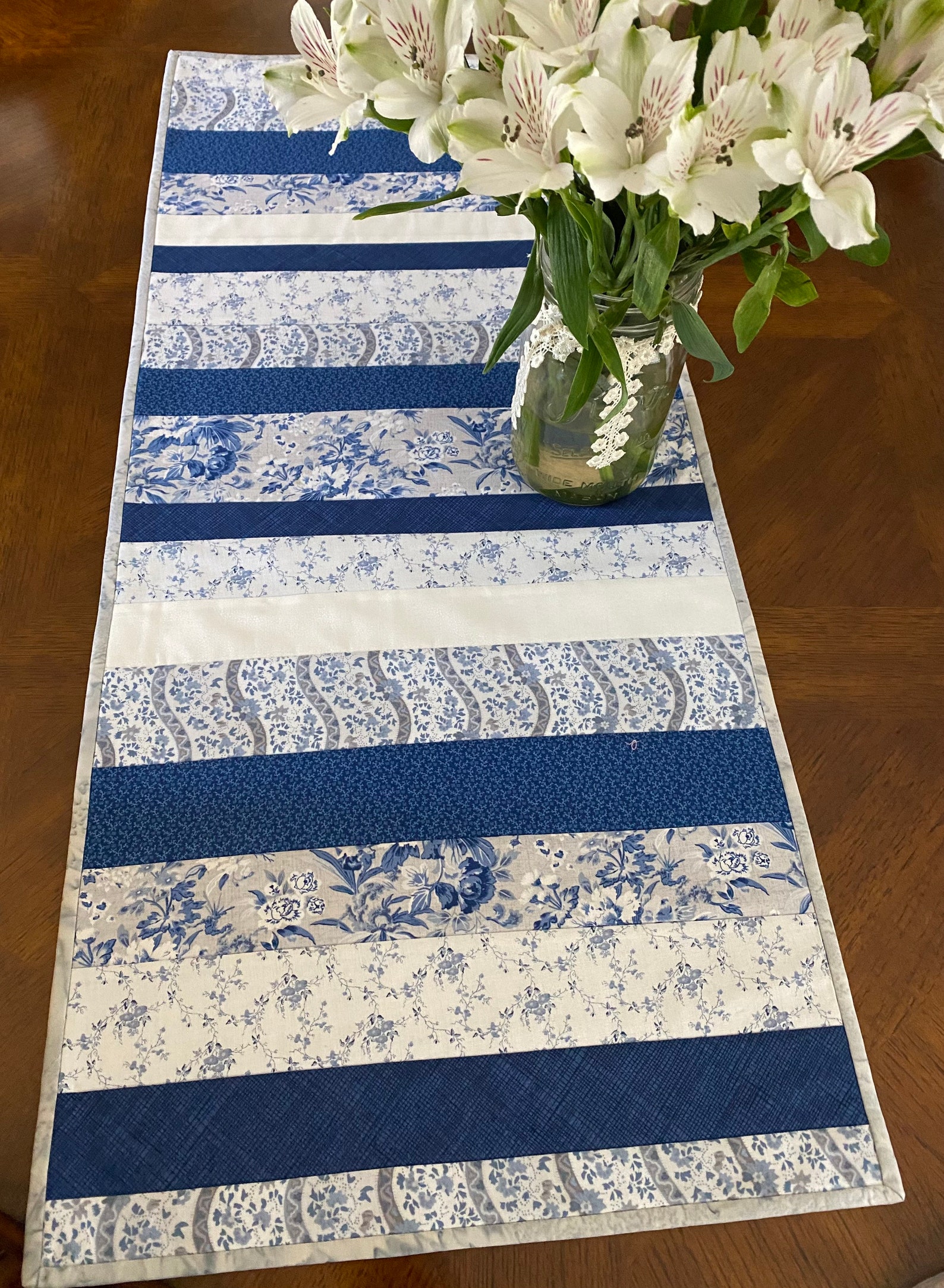 Blue and Cream Quilted Table Runner Blue Fabric Cream Accent - Etsy