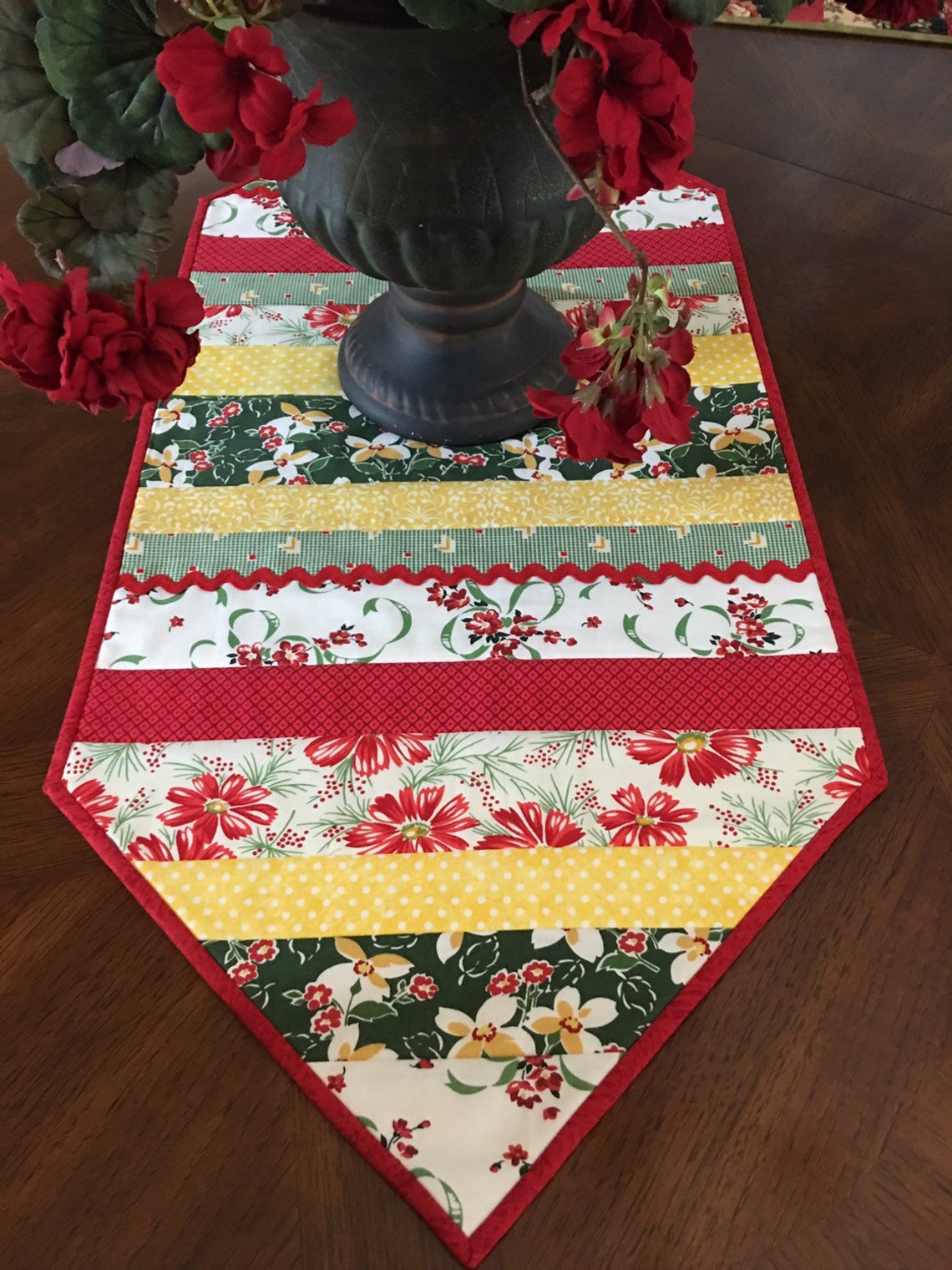 Quilted Table Runner, Red Fabrics, Yellow Fabrics, Green Fabric, Floral ...