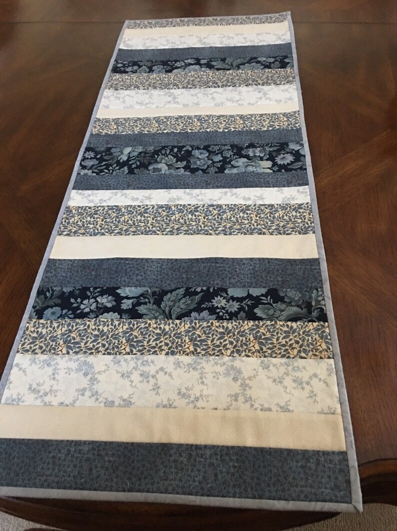 Blue and cream quilted table runner blue fabric cream accent | Etsy