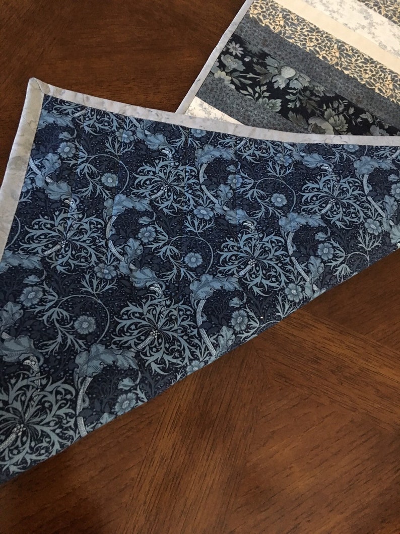 Blue and cream quilted table runner blue fabric cream accent | Etsy