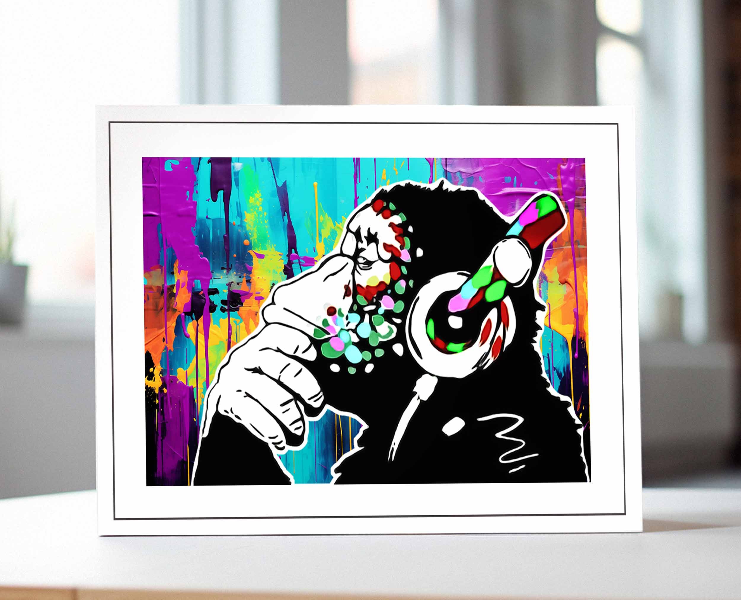 Banksy Picture colorful Monkey With Headphones HANDMADE UNIQUE Pop Art ...