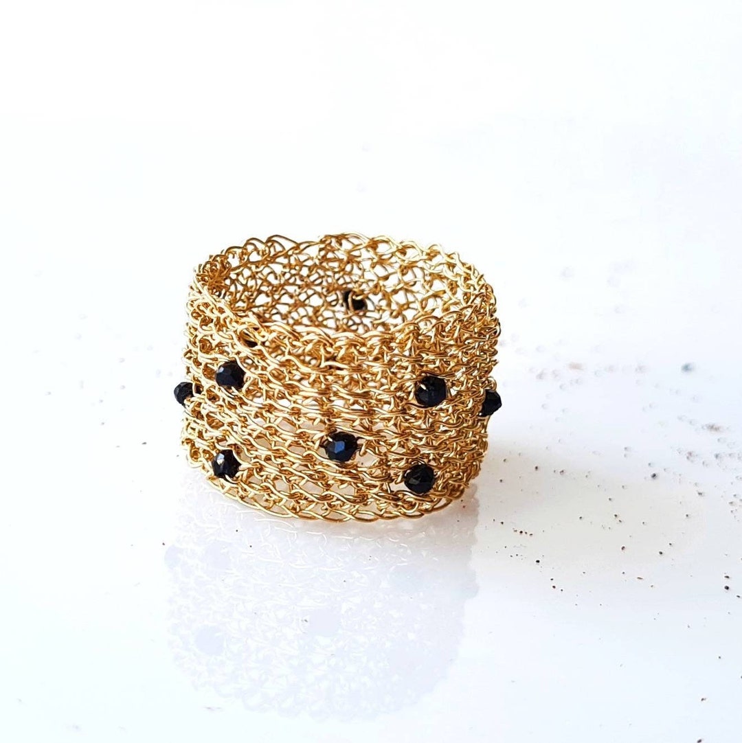 Wide Gold Black Ring, Gold Statement Ring, Gold Mesh Ring, Chunky Gold ...