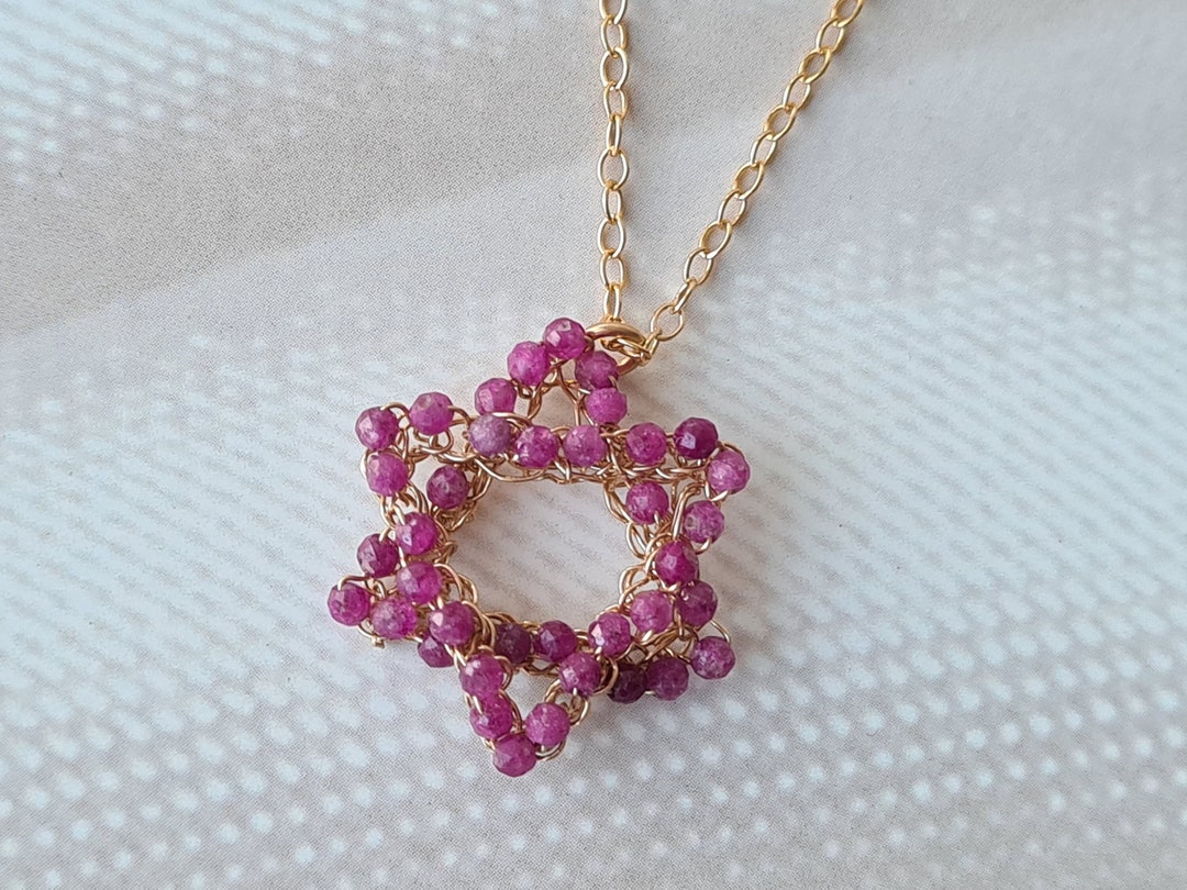 Gold Fuchsia Ruby Star of David Necklace, Delicate Magen David Jewish ...