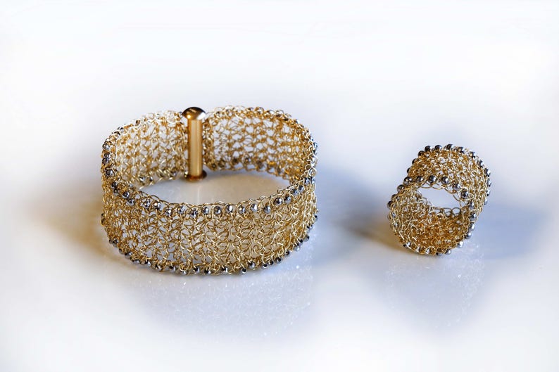 Unique Wide Band Ring Gold Wire Crochet Ring Unique Hematite - Etsy