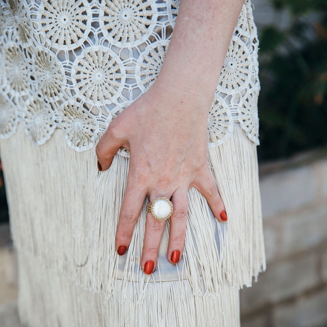 Gold Big Round Circle Disc Ring, Large Pearl Ring, Chunky Rings Women ...