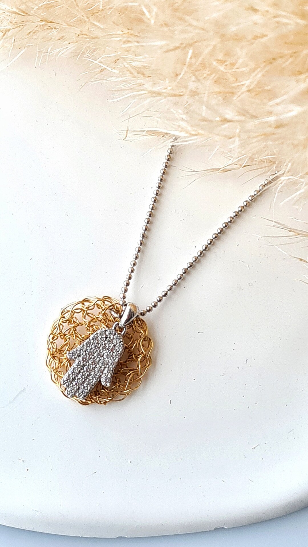 Gold and Silver Hamsa Pendant, Hand of Fatima Necklace, Judaica Jewelry ...