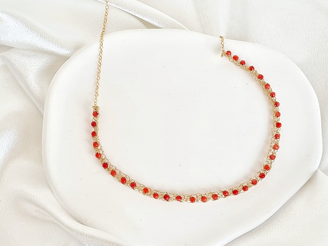 Red Coral Choker Necklace, Red Gold Dainty Necklace, Gemstone Bar ...
