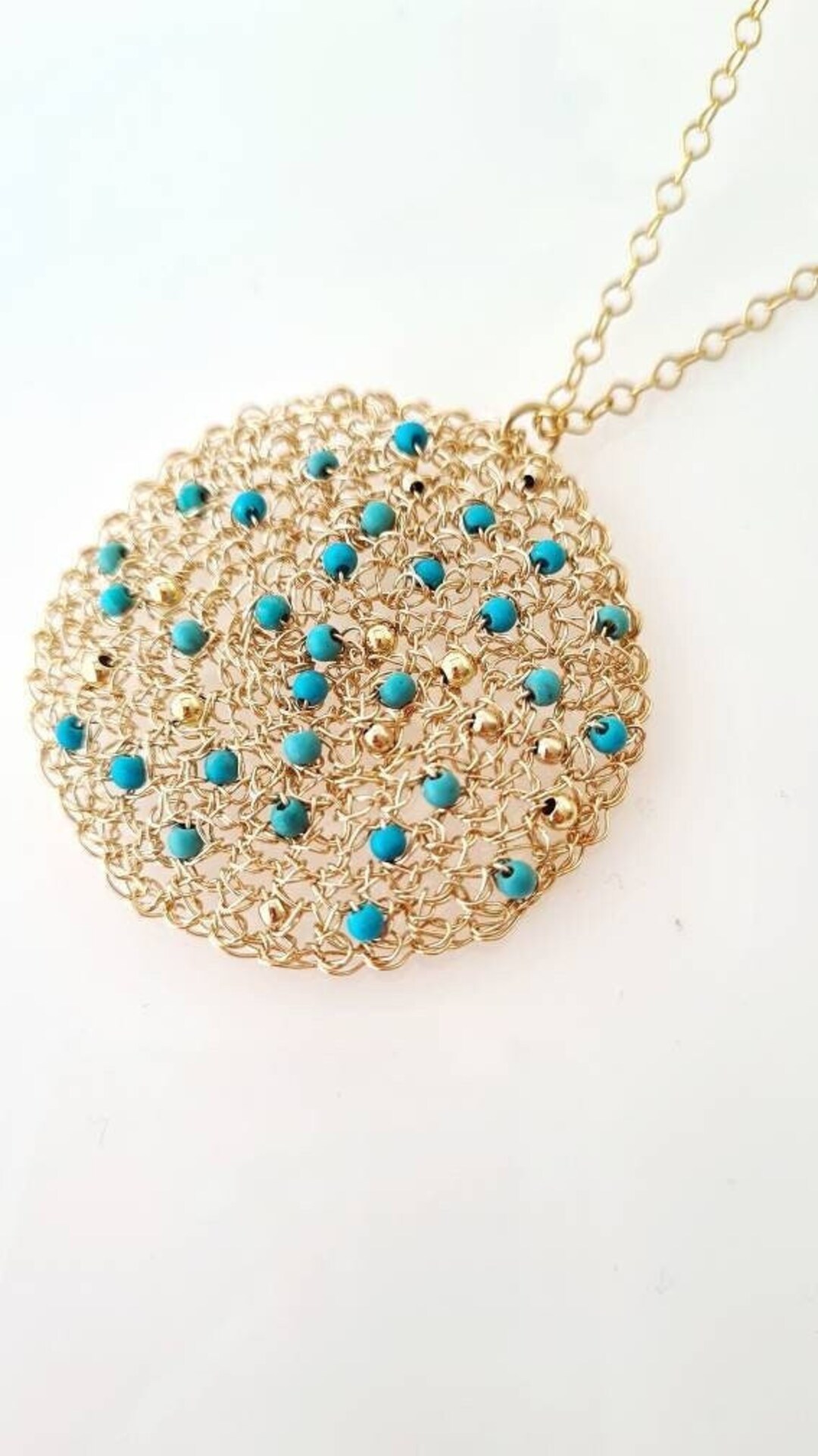 Big Gold Pendant, Long Necklace, Gold Turquoise Necklace, Big Round ...