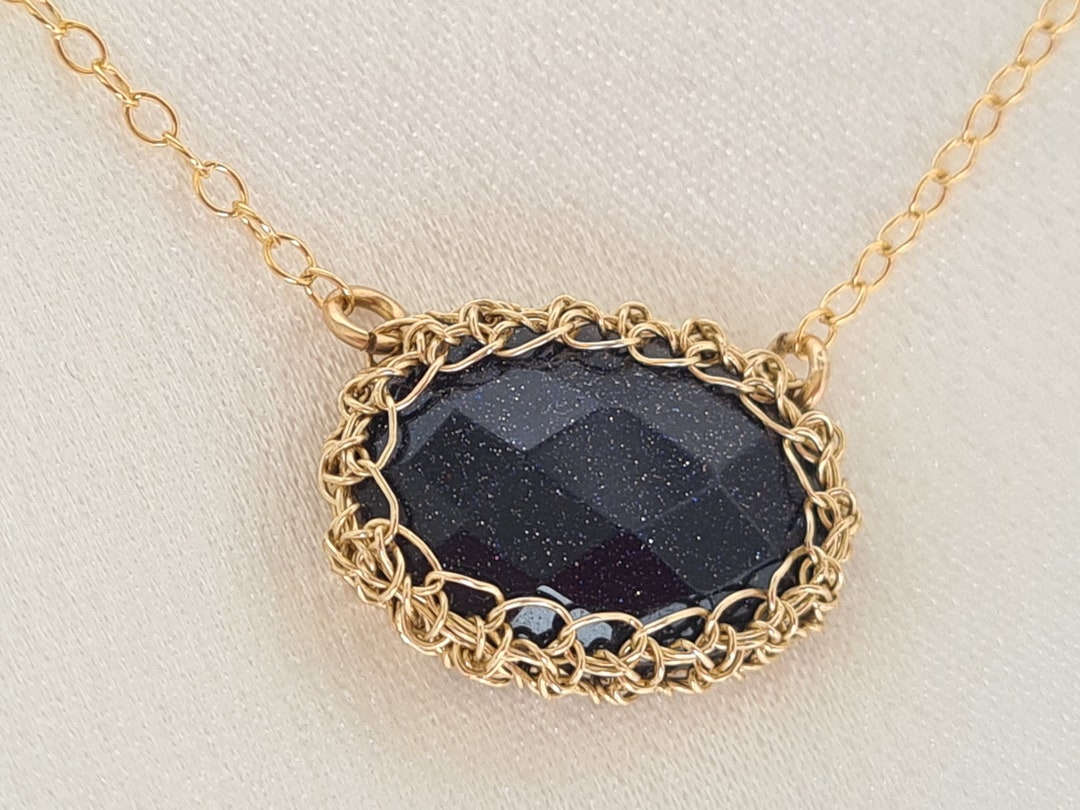 Blue Sandstone Necklace, Gold Birthstone Necklace, Wire Crochet Jewelry ...