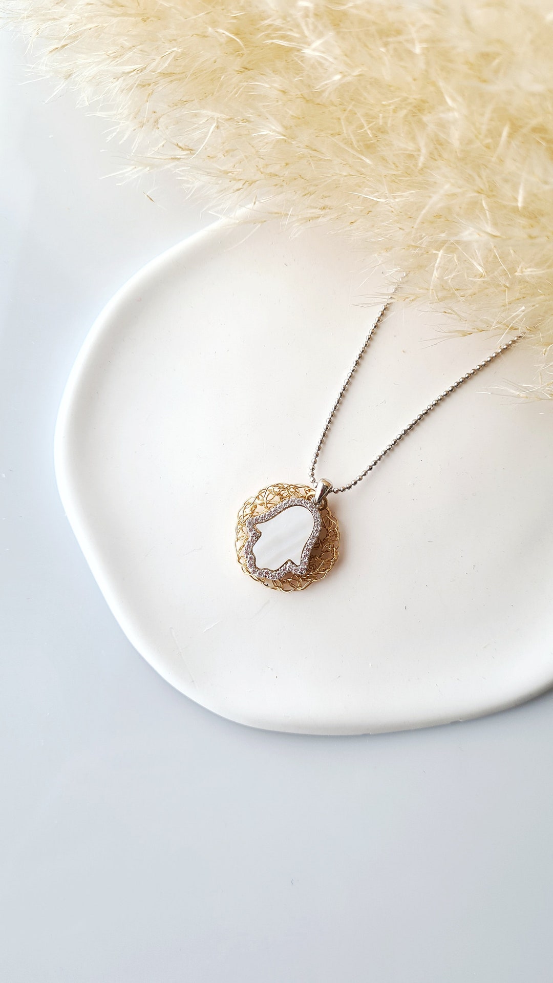 Silver White Hamsa Pendant, Silver Hand of Fatima Necklace, Judaica ...