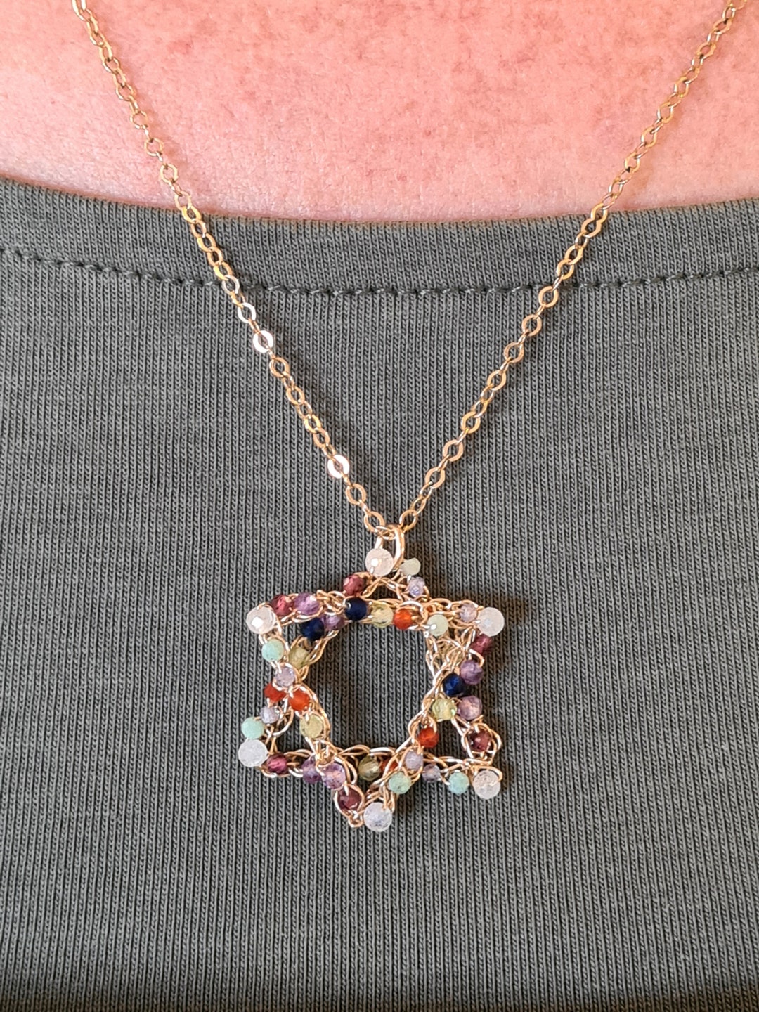 Gold Colorful Gemstones Star of David Necklace, Delicate Magen David ...