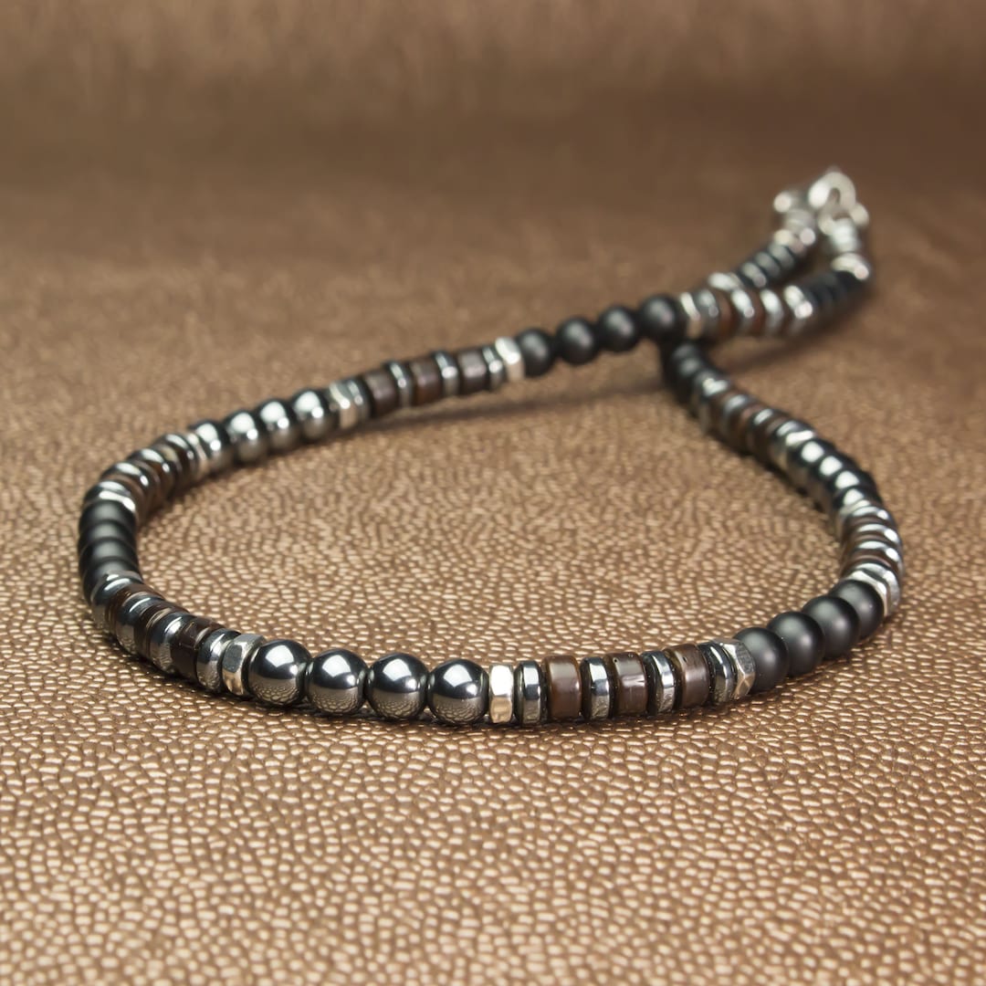 Collier homme/men's Perles Ø 6mm pierre naturelle Agate/Onyx noir mat ...