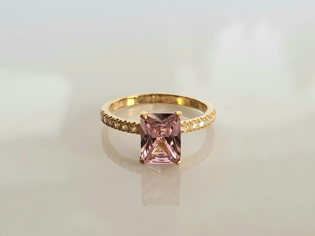 Pink Stone Gold Ring, Pink Engagement Engraved Silver Ring, Pink Quartz ...