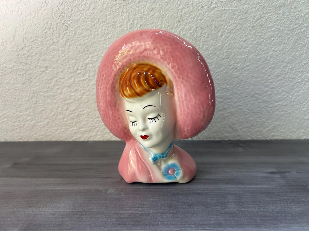 Vintage Iridescent Pink Lady Head Vase, Head Vase Wall Pocket Mid ...