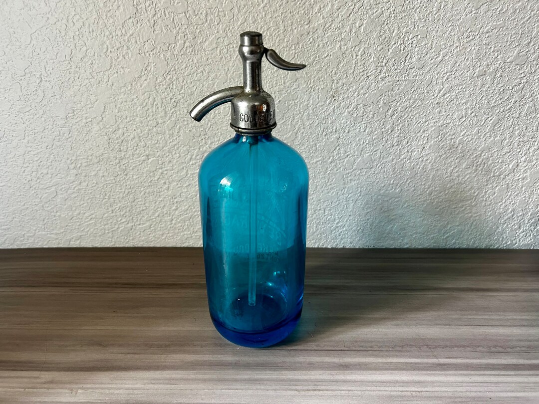 Seltzer Bottle Blue Glass, Vintage Soda Syphon, Etched Glass, Vintage ...