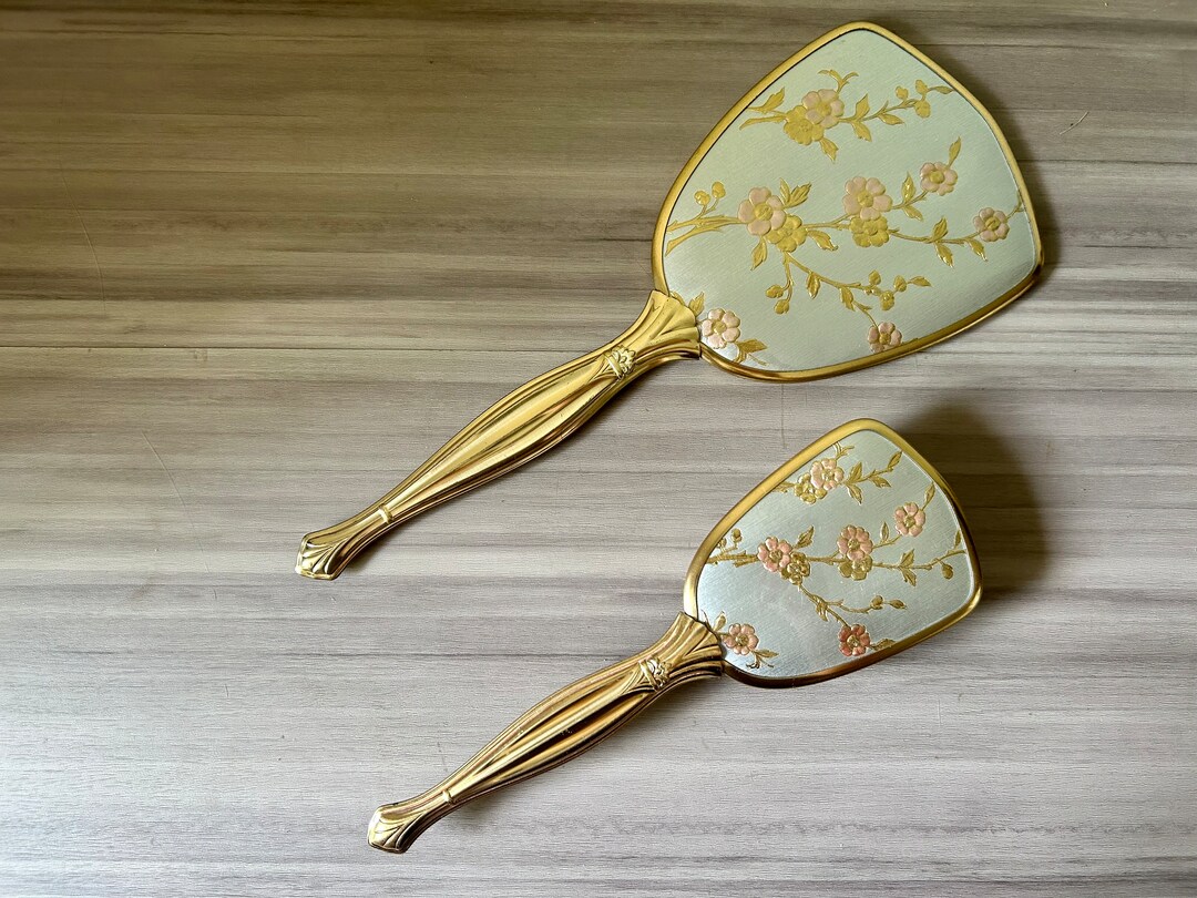 Vintage Silver/ Gold Deco Hand Mirror and Brush, Makeup Vanity Mirror ...