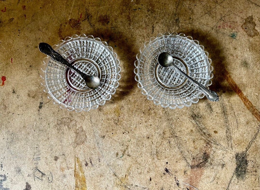 Antique Cut Glass Salt Cellar Set 2 With Sterling Silver Spoons ...