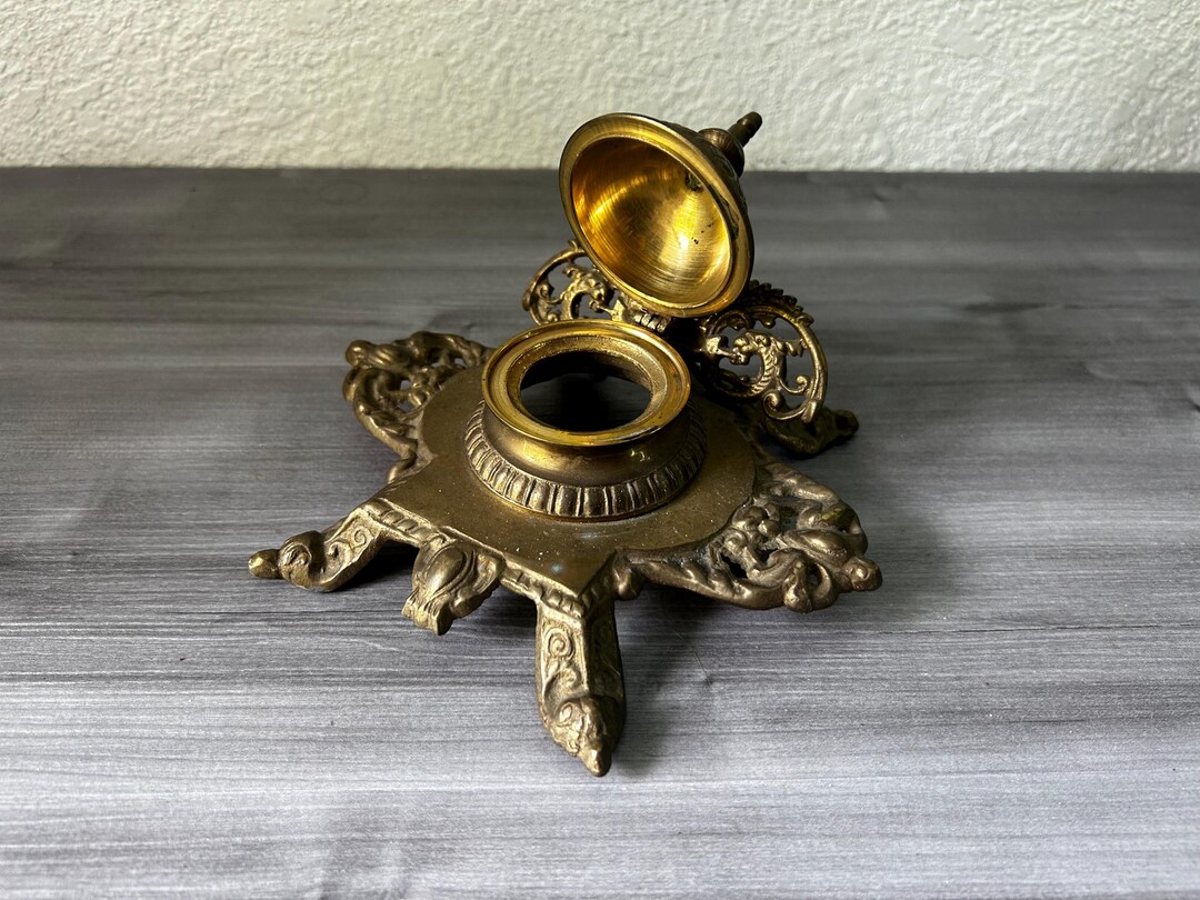 Vintage French Style Brass Inkwell, Scholar Desk Inkwell, Writing ...
