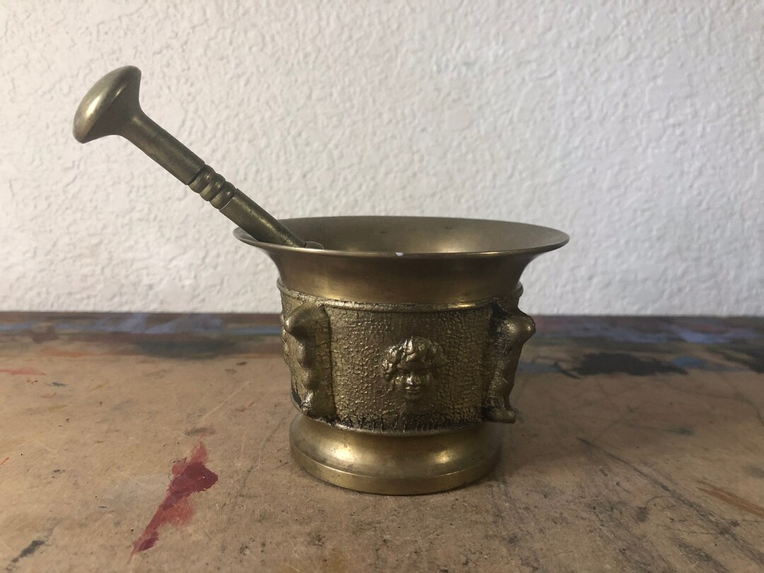Antique Solid Brass Mortar and Pestle, Antique, Brass Apothecary Vessel, Pill, Drug or Medicine ...