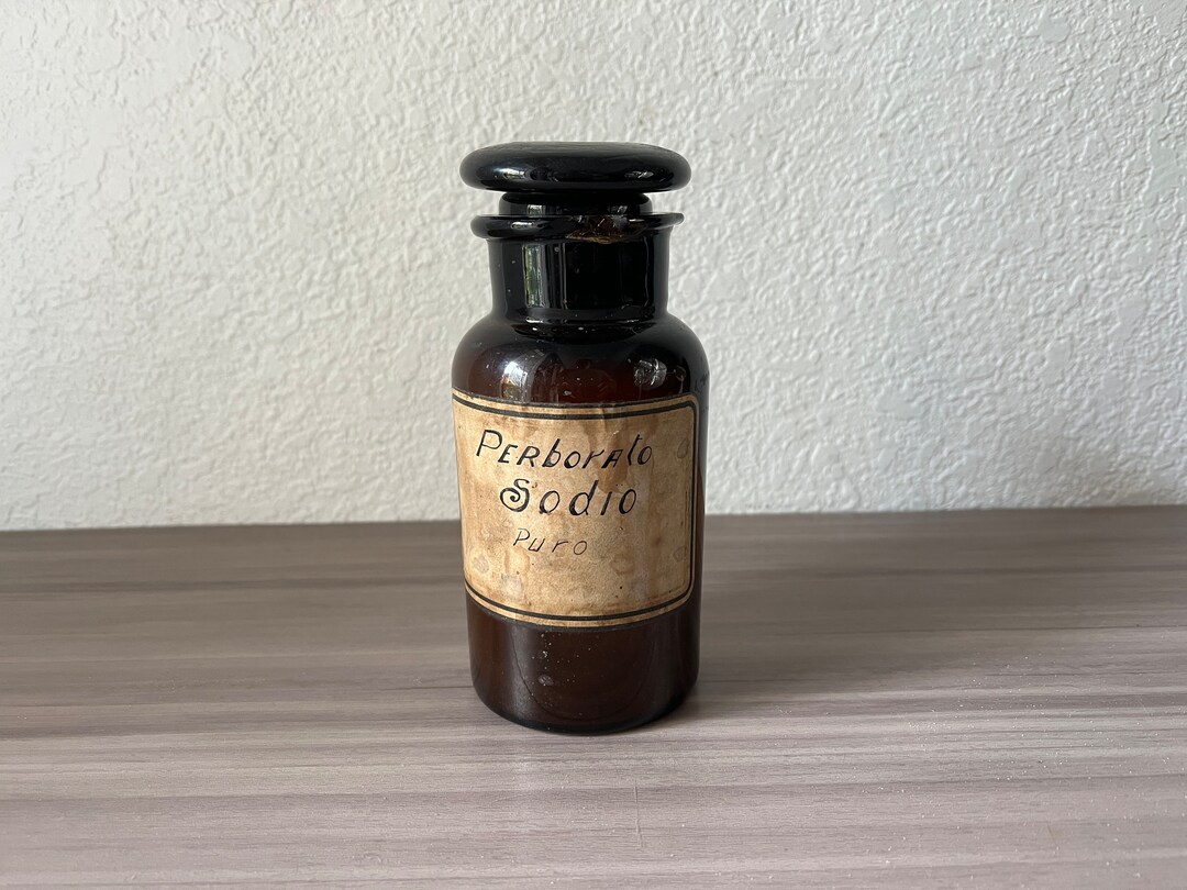 Antique Amber Spanish Apothecary Bottle With Original Label Under Glass, Vintage Industrial ...