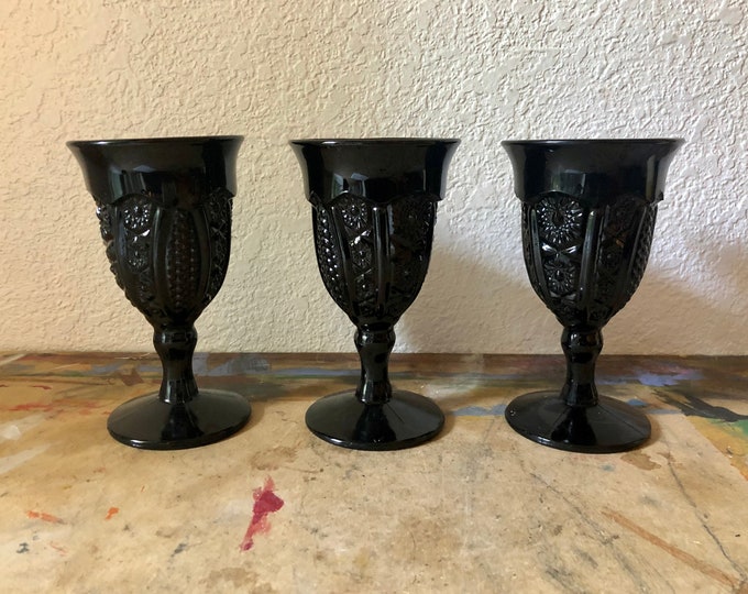Set Of 3 Vintage Black Glass Goblet Black Glass Goblets Monarch Tiara Gothic Decor Vintage
