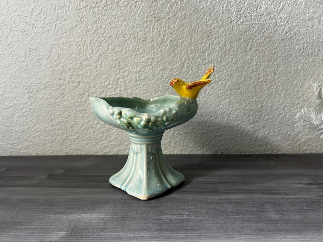 Vintage Mccoy Bird Bath Pedestal Planter Vase 1950s Pottery Pale Blue ...