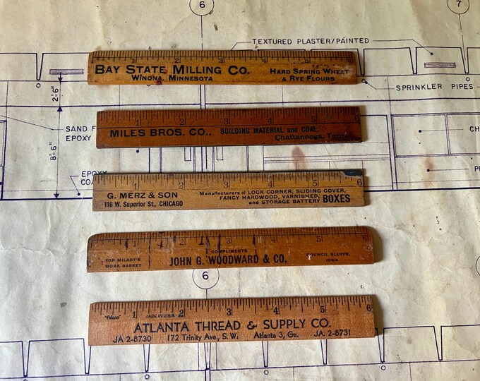 Set of 5 Vintage Advertising Wood Rulers 6", Office Supply Metal Edge ...