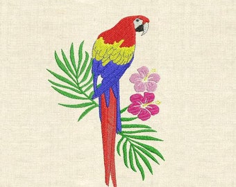 Tropical Parrot Machine Embroidery Design: Colorful Bird, Leaves ...