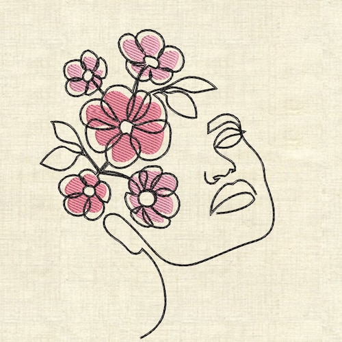 Woman With Flowers Embroidery Design One Line Art Embroidery - Etsy