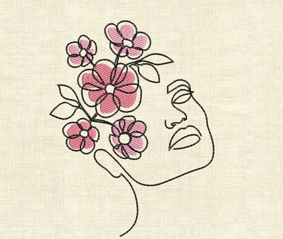 Machine Embroidery Designs Line Art Women With Flowers | Etsy