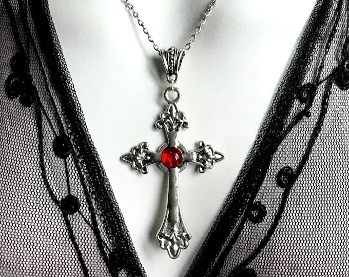 Silver Gothic Cross Necklace, Red Stone, Gothic Jewelry, Statement ...