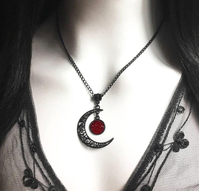 Black Filigree Crescent Moon Necklace With Red Druzy Full - Etsy