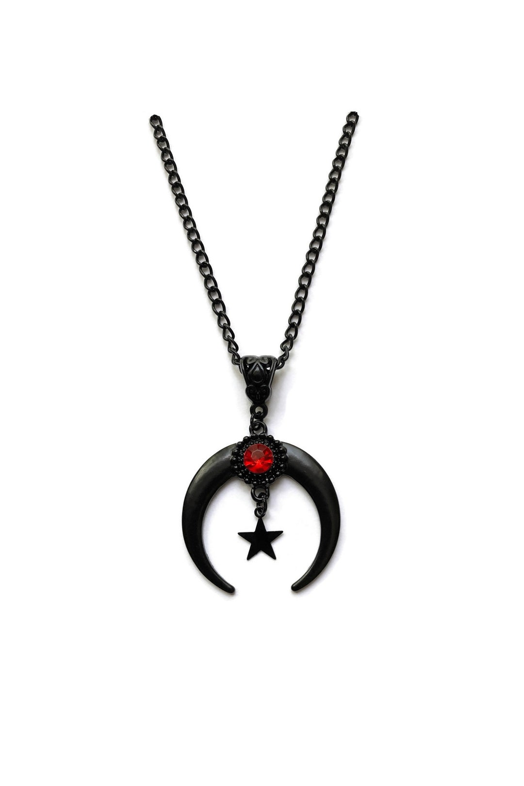 Black Inverted Moon Necklace, Red Stone, Black Star, Gothic Jewelry ...