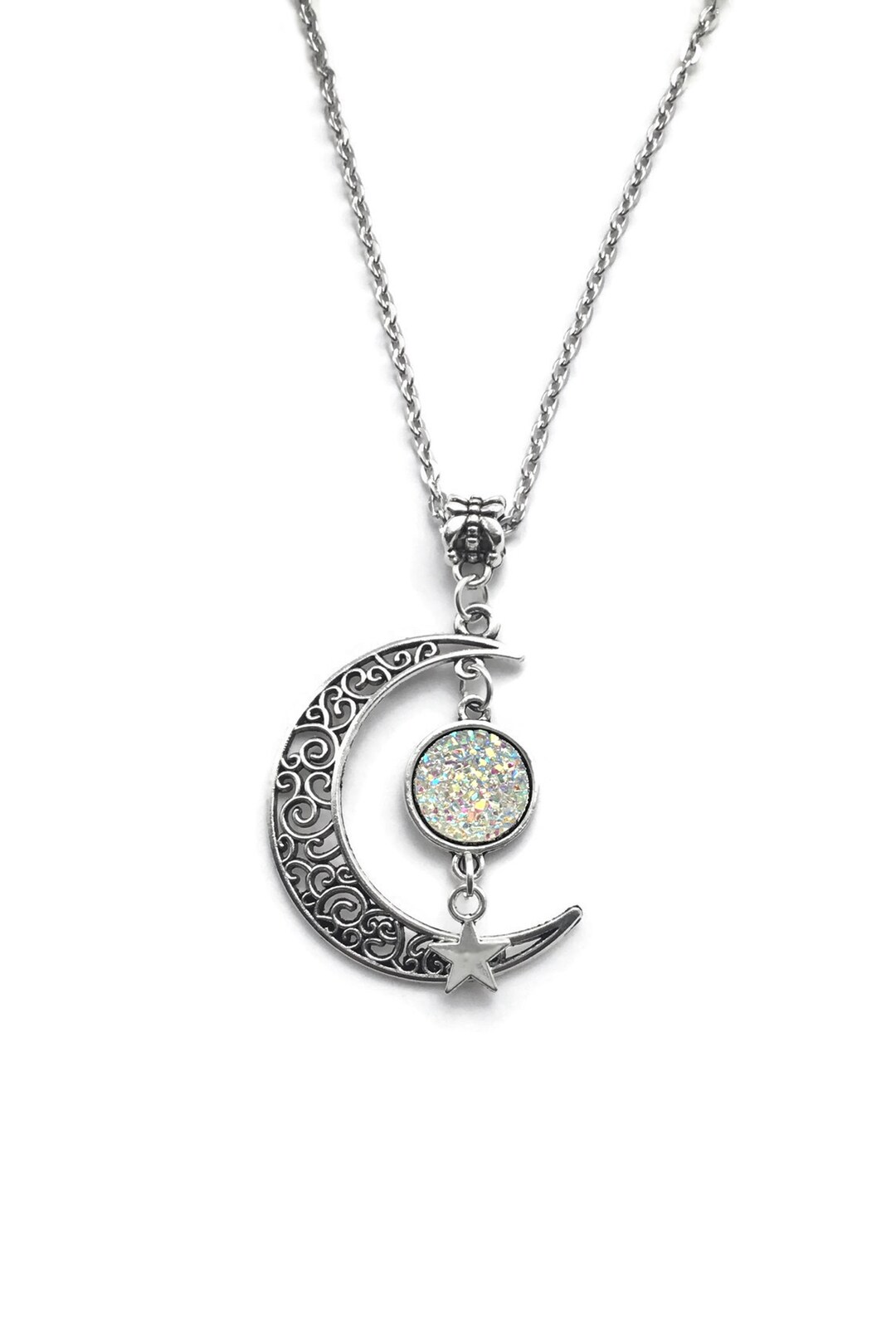 Filigree Crescent Moon Necklace With Druzy Full Moon Lunar - Etsy