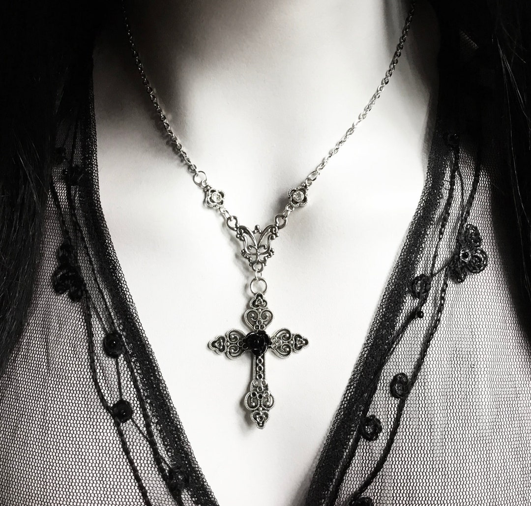 Antique Silver Gothic Cross Necklace, Black Rose, Filigree, Gothic ...
