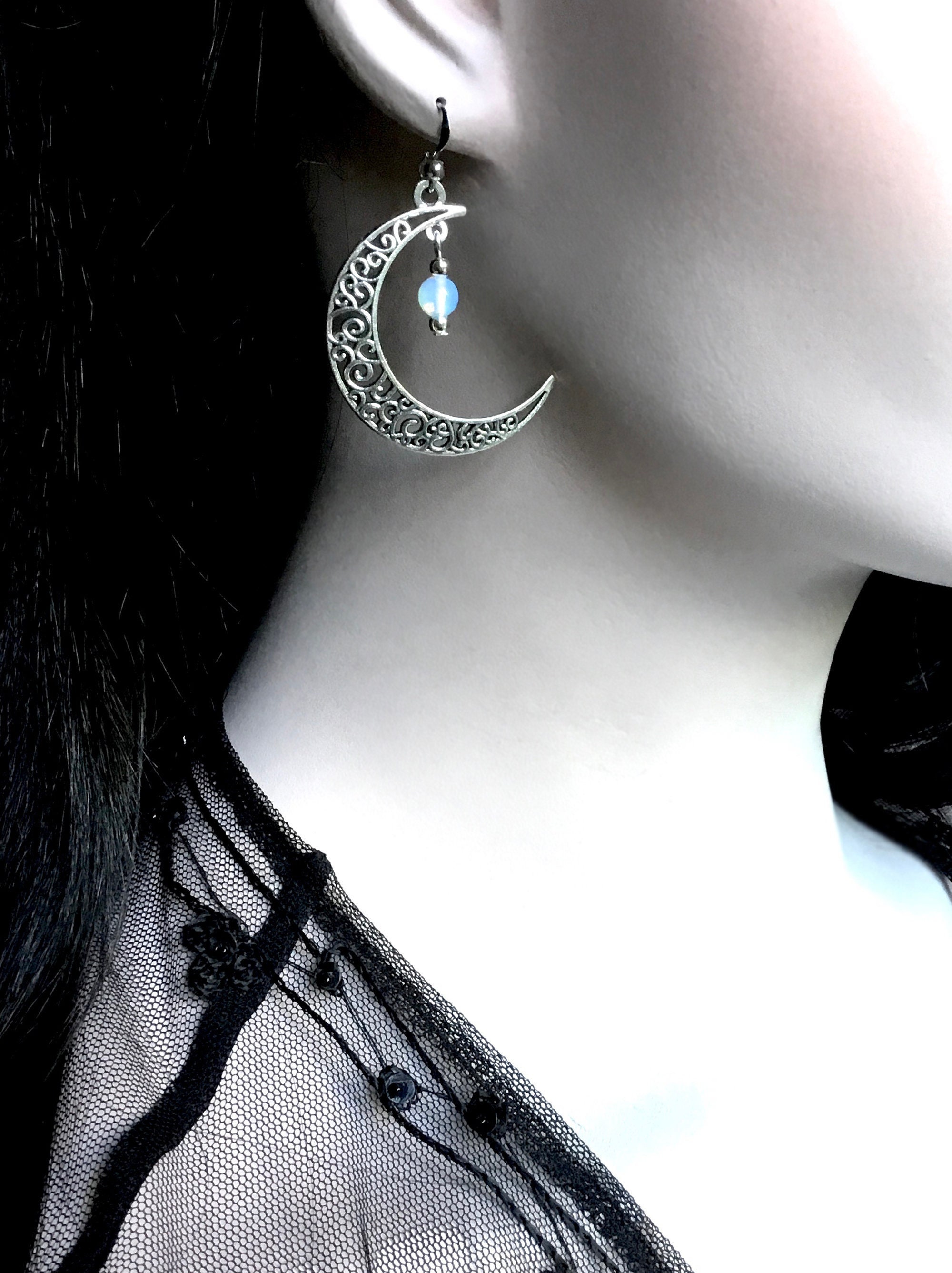 Filigree Silver Crescent Moon Moonstone Earrings Celestial - Etsy