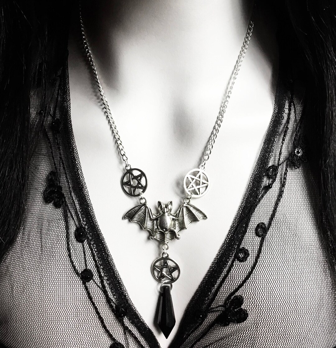Silver Bat and Pentagrams Necklace, Gothic Jewelry, Witch Wiccan Pagan ...