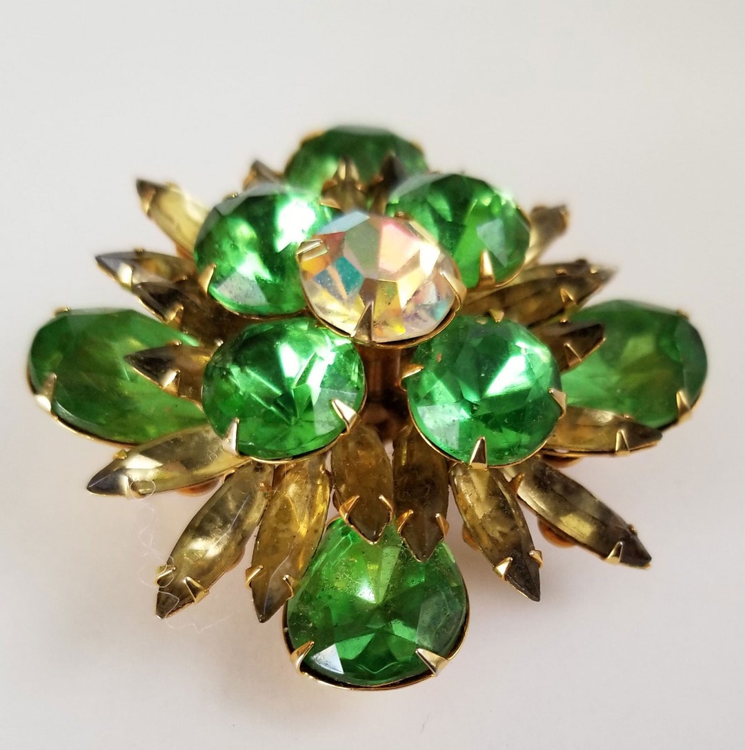 Emerald Green Rhinestone Brooch, Vintage Multicolor Rhinestone Brooch ...