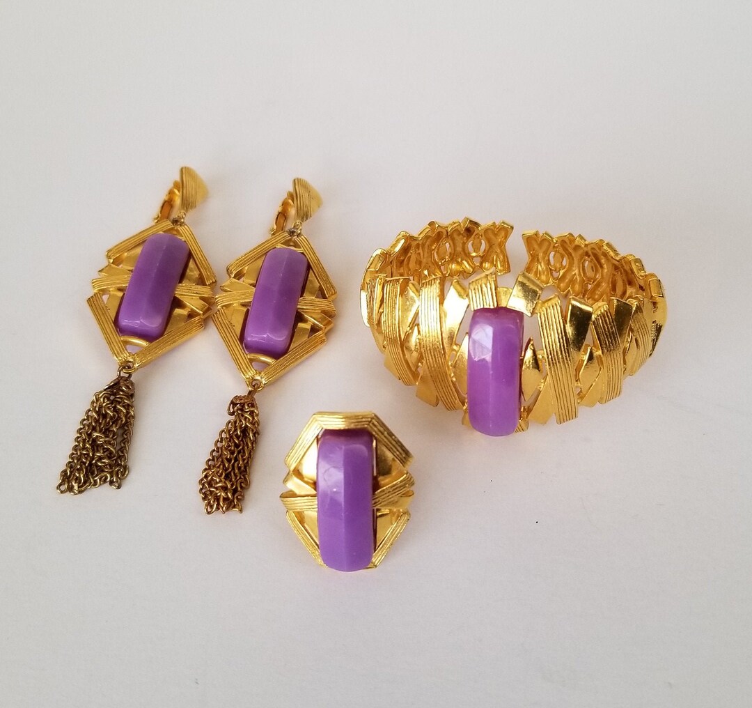 Hollycraft Gold Tone Amethyst Lucite Parure Jewelry Earrings Bracelet ...
