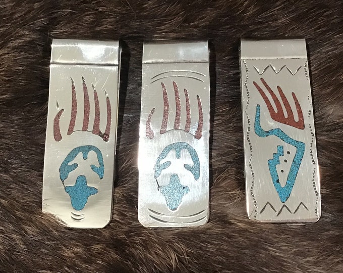 SIGNED Native America Indian Navajo Turquoise Red Coral Bear Claw Paw ...