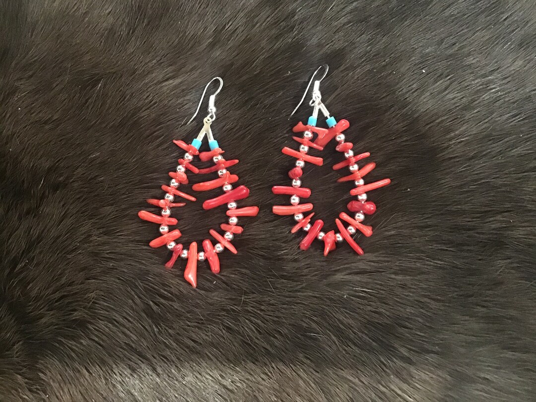 Authentic Native America Indian Jewelry Navajo Earrings Zuni Red Coral ...