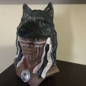 SIGNED Native American Style Indian Chief Wolf Head Hand Painted ...