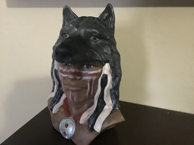 SIGNED Native American Style Indian Chief Wolf Head Hand Painted ...