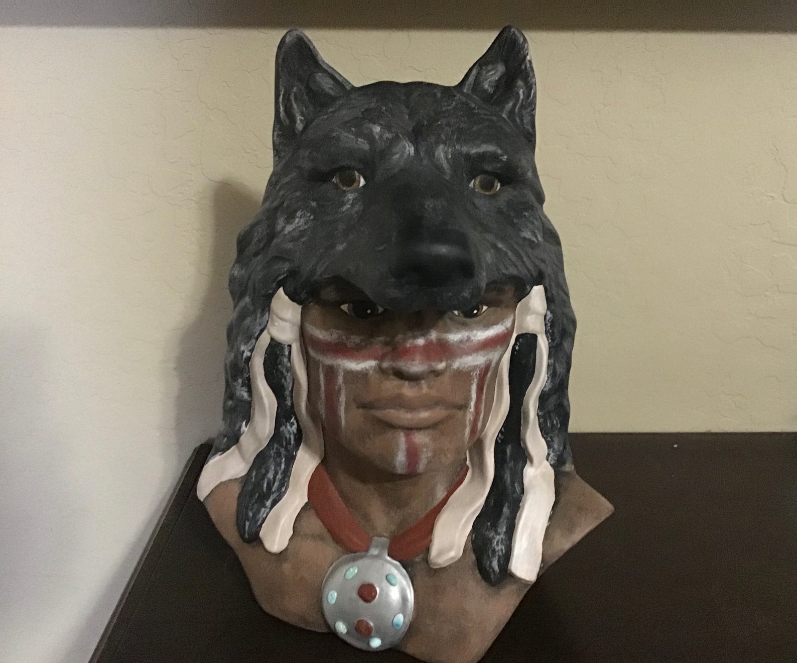 SIGNED Native American Style Indian Chief Wolf Head Hand Painted ...