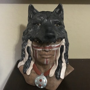 SIGNED Native American Style Indian Chief Wolf Head Hand Painted ...