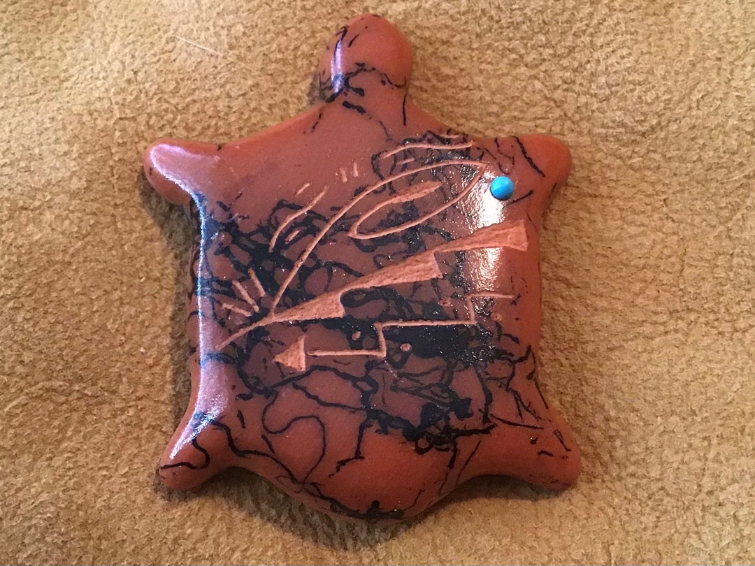 SIGNED Authentic Navajo Horse Hair Red Pottery Turtle Turquoise Native ...
