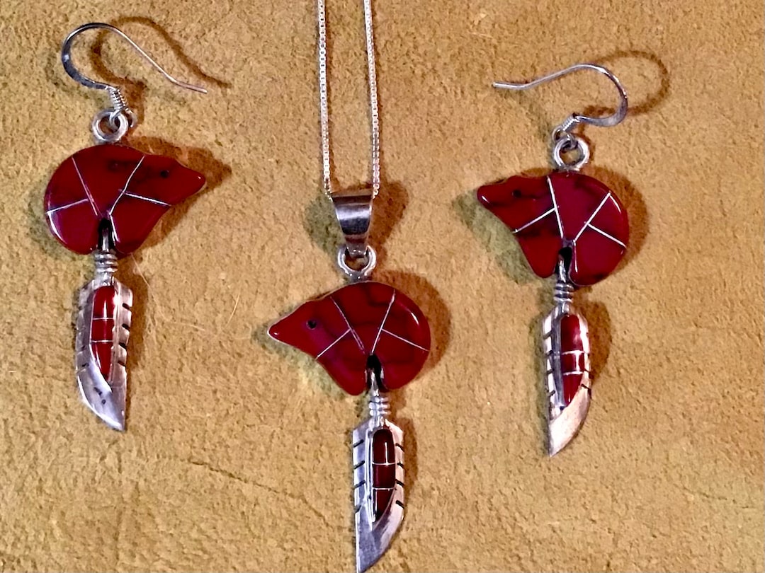 SIGNED Native America Indian Jewelry Navajo Zuni Sterling Silver Red ...