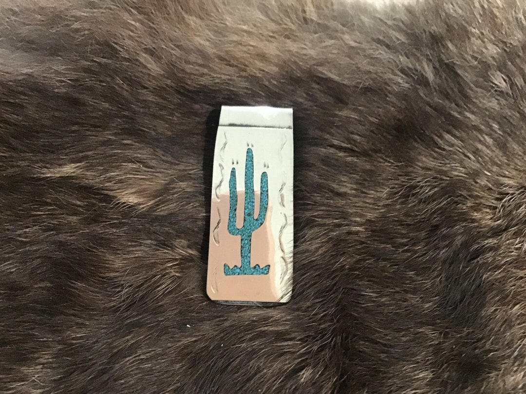 SIGNED Native America Indian Navajo Turquoise Cactus Money Clip Zuni ...